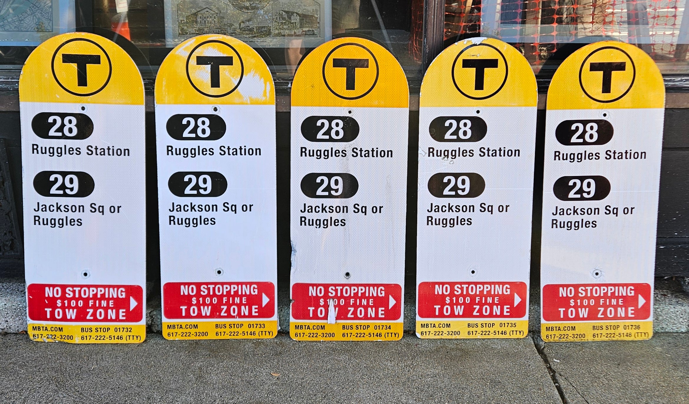 Decommissioned MBTA Bus Stop Signs: 28 Ruggles; 29 Jackson Sq or Ruggl ...